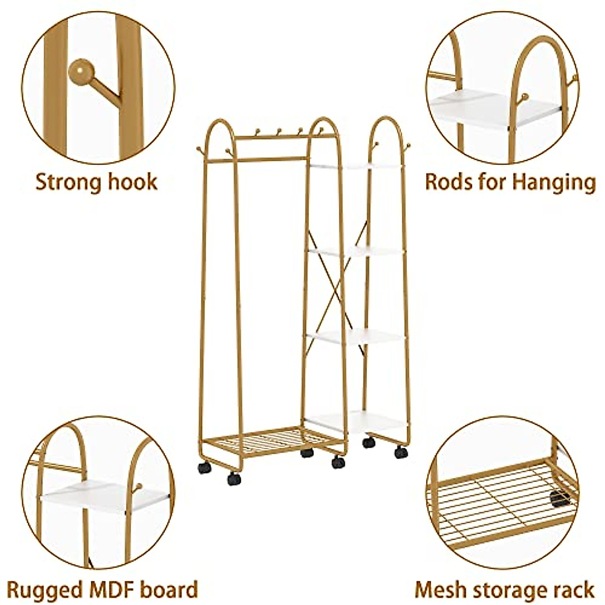 semoic Gold, 4 Tier Rolling Clothes Racks for Hanging Clothes, Double Rod Garment Rack, Sturdy Closet for Bedroom Living Room Entryway