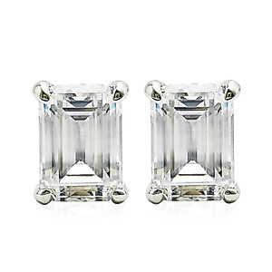 Bo.Dream Emerald Cut Cubic Zirconia CZ Stud Earrings for Women Faux Diamond 18K White Gold Plated Sterling Silver (Total 2.0 Carats, 5x7mm)