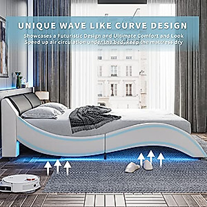 Led Bed Frame Queen Size Modern Upholstered Platform Bed Frame with LED Lights Faux PU Leather Wave Like Low Profile Platform Bed Frame with Headboard, Wooden Slats, No Box Spring Needed, Black+White