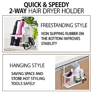 Metal Hair Dryer Holder, Japard 3 in 1 Hair Tool Organizer Wall Mount, Caninet Door, Table Top, Heat Resistant, Simple Design, White