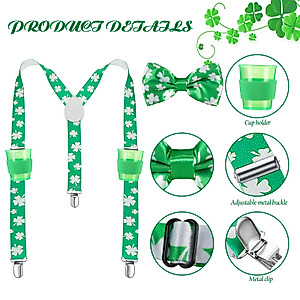 Geyoga St Patricks Green Suspenders St Patricks Day Suspenders Adjustable Elastic Men's Suspenders with Clips Shamrocks Suspender with Shamrocks Bowtie Cups Pins Saint Patricks Day Accessories