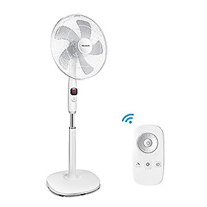 PELONIS 16" Oscillating Pedestal Fan | Standing Adjustable Fan | Ultra Quiet DC Motor | Remote Control | 3 Modes | 12-Hour Timer | High Energy Efficiency | for Bedroom Home Office