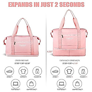 Travel Duffle Bag, Sports Tote Gym Bag, Weekender Bag, Expandable Waterproof Carry on Bag with Trolley Sleeve Wet Pocket Overnight Bags for Women - Pink