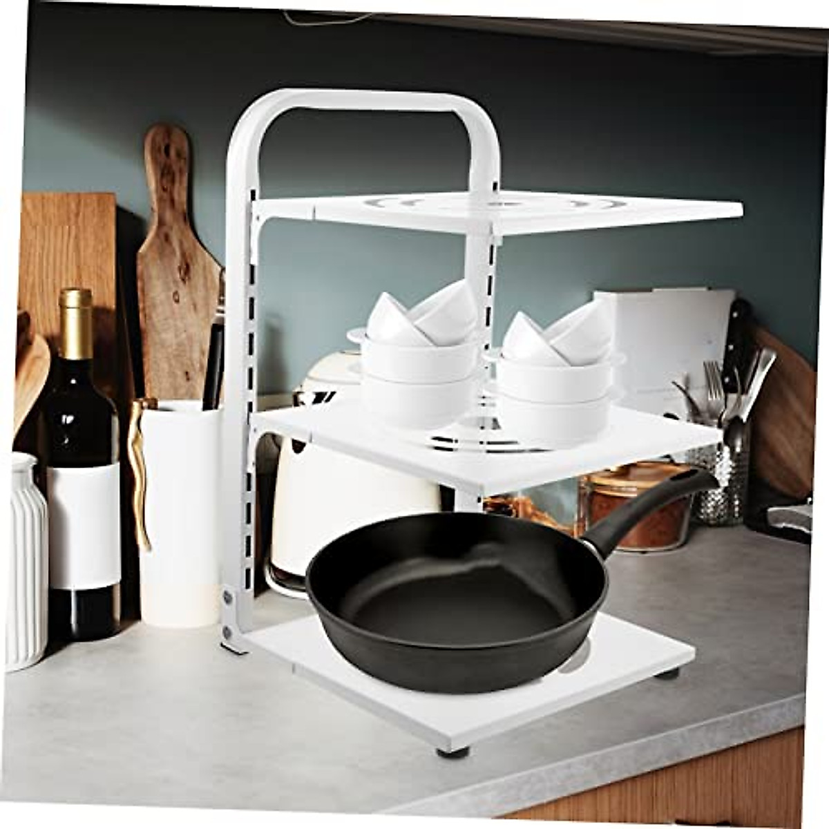 Zerodeko Pots and Pans Organizer Dish Drying Rack Multi-layer Pot Rack Kitchen Pan Organizer White Adjustable Multifunctional Pot Carbon Steel Desktop Stand Pan Organizer Rack