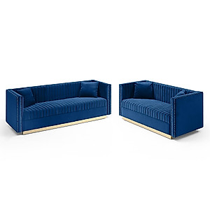mikibama Luxury Velvet Sofa Set for Living Room, Modern Decor Furniture Channel Sofa Couch and Loveseat with Nailhead Gold Metal Legs and 4 Pillows for Bedroom, Hall, Blue