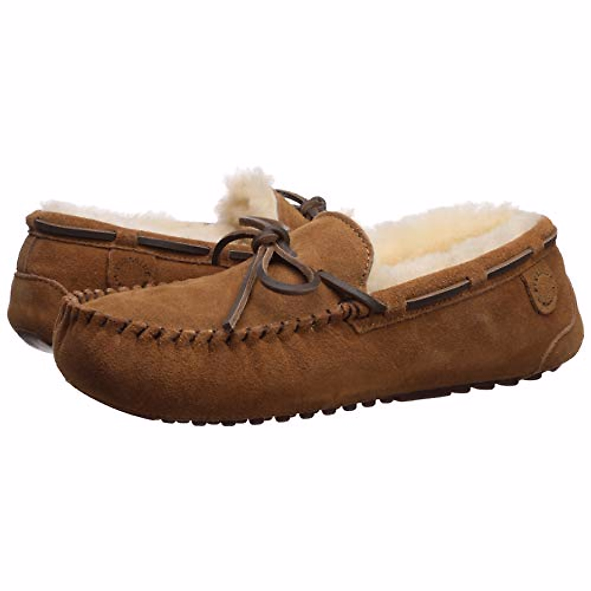 Dearfoams Women's Fireside Water Resistant Indoor/Outdoor Shearling Victoria Moccasin with Tie Slipper, Chestnut,8