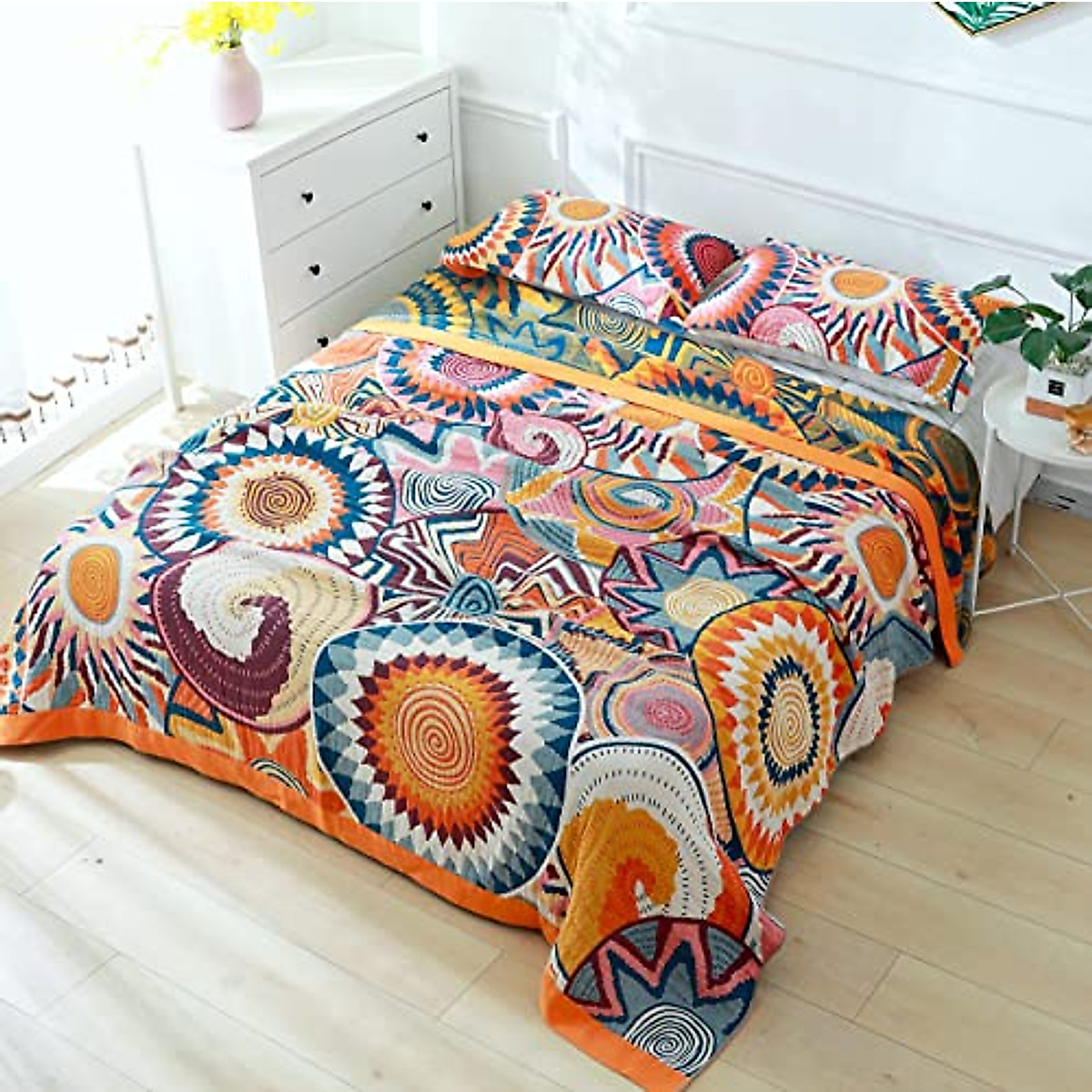 MEJU The Sun Round Bohemia Geometry Muslin All Season Blanket for Bed Sofa Couch, 100% Combed Cotton 4 Layer Soft Warm Quick Dry Throw Blanket Bed Coverlet Sheet (Round, Twin 59" X 78")