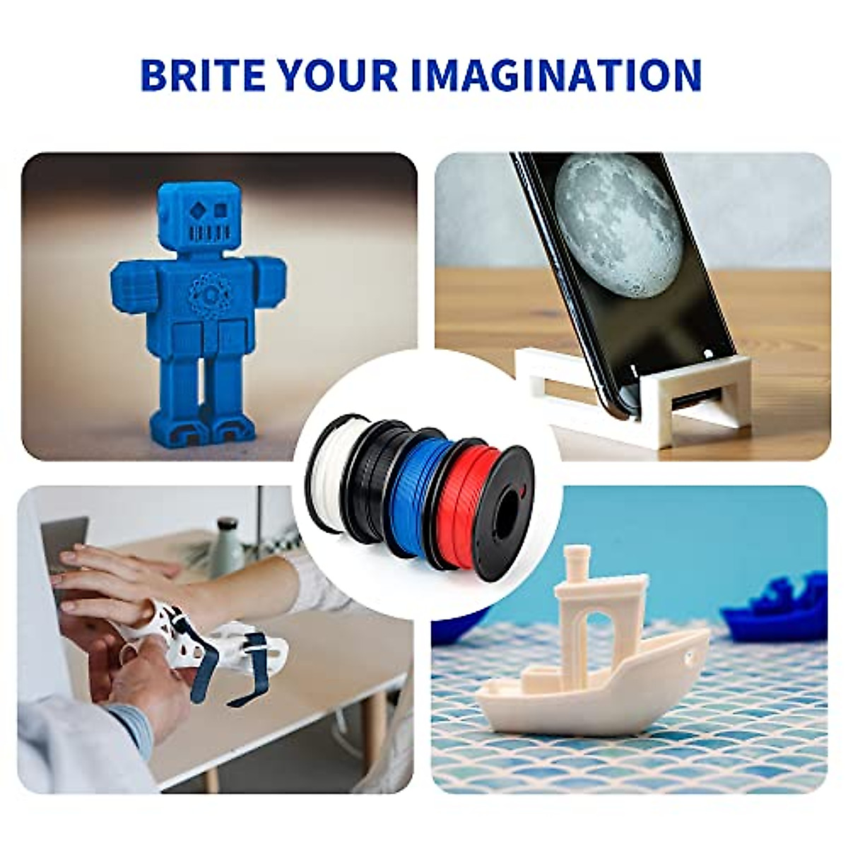 4 Pack PLA 3D Printer Filament, 4 Color PLA 3D Printer Filament 1.75mm in Total 1kg, Dimensional Accuracy +/- 0.02 Mm for 3D Printing(White, Red, Black, Blue)