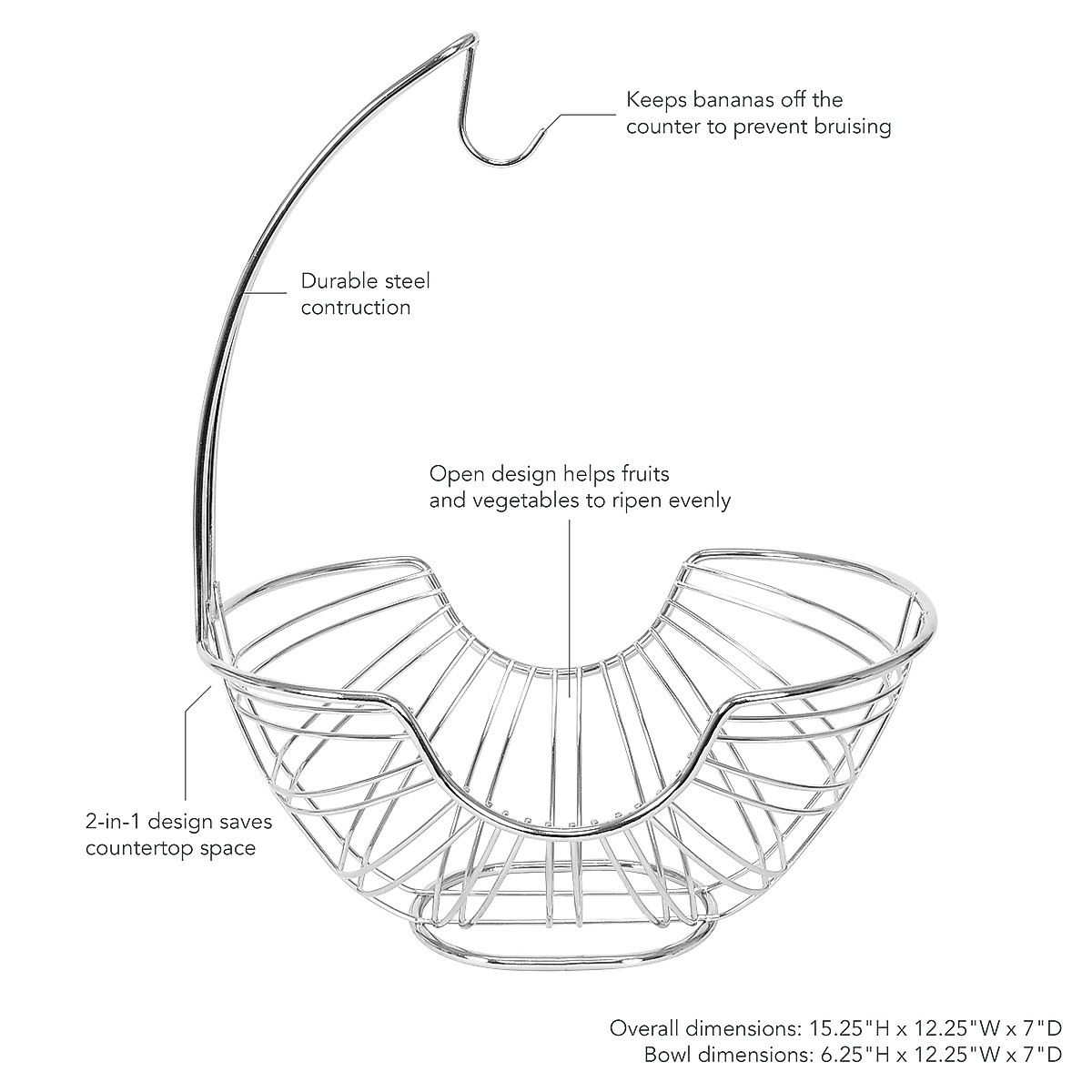 Spectrum Diversified Contempo Ellipse Holder Modern Kitchen Countertop Bowl & Banana Tree, Steel Wire Fruit Basket, Produce Saver & Banana Hanger, Chrome