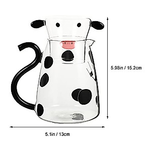 1 Set Glass Carafe Pitcher with Glass Mug Cute Cow Glass Tea Pitcher Kettle Milk Jug Night Water Carafe for Midnight Drink Home Office Hotel 550ml
