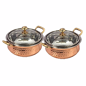PARIJAT HANDICRAFT Indian Hammered Copper Serving Bowl for Food Soup with Handle and Glass Lid Decorative Small Seveware Pack of 6