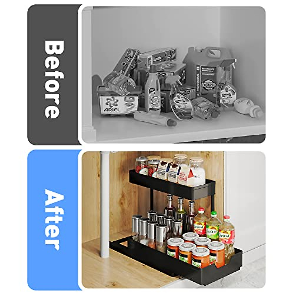 MDHAND Under Sink Organizers and Storage Under Sink Organizer, 2 Tier Kitchen Under Cabinet Storage Organizer, Multi-Purpose 2 Tier Under Sink Storage for Cabinet Bathroom Kitchen, Black