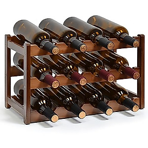 IWNTWY Wine Rack, 12 Bottles 3-Tier Free Standing Wine Racks, Bamboo Wine Rack Countertop Holder Storage Shelf for Kitchen Cabinet Dining Room Bar (Brown)