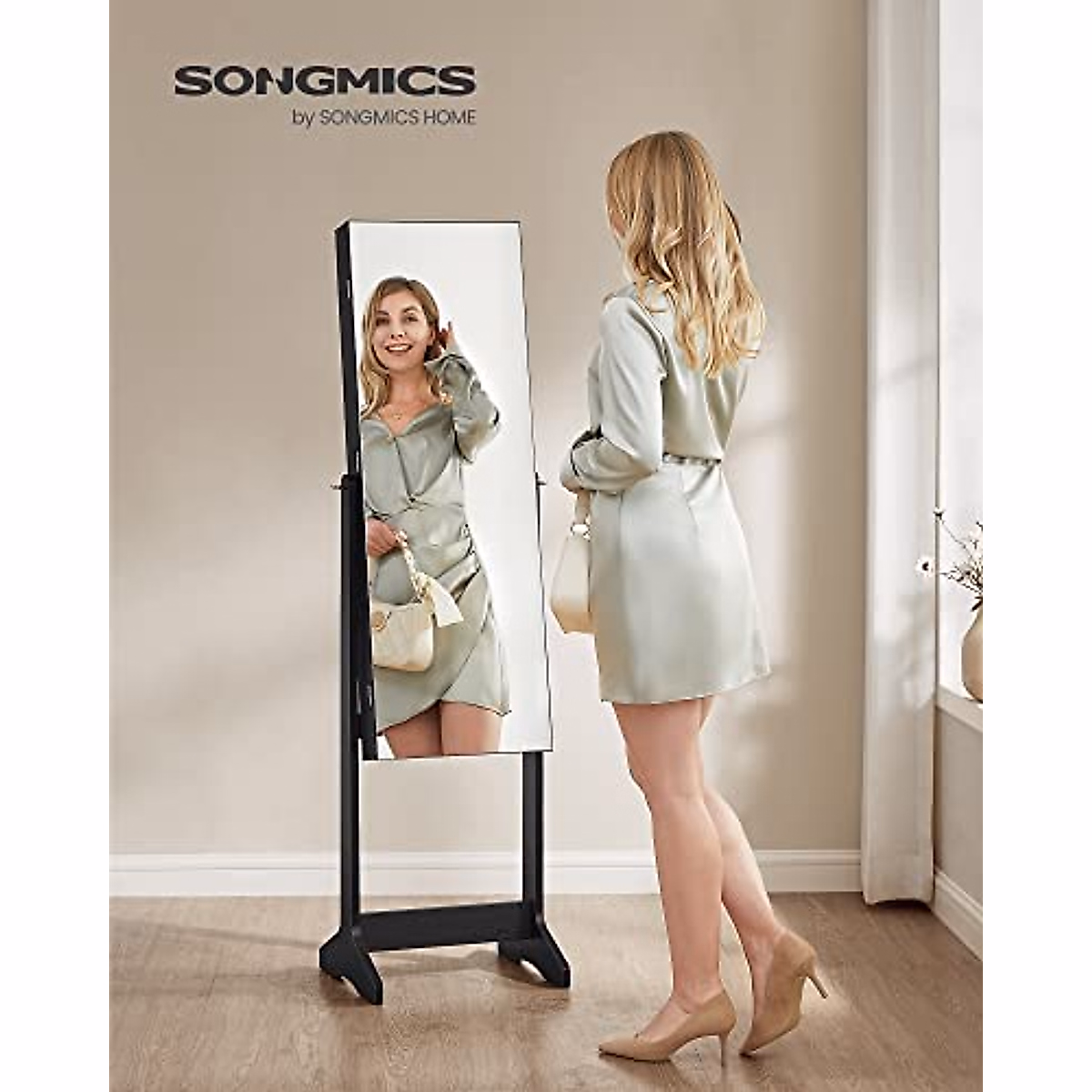 SONGMICS Mirror Jewelry Cabinet Standing Armoire Organizer, Jewelry Storage with Full-Length Frameless LED Lights, Built-in Makeup Mirror, 2 Drawers, Lockable, Black UJJC023B01