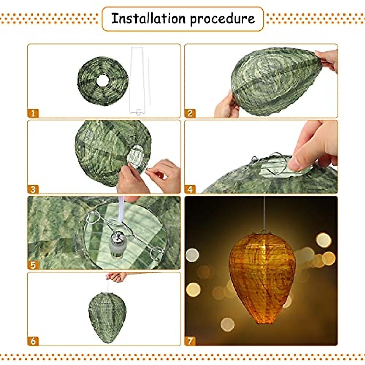 4 Pieces Wasp Nest Decoys Wasp Deterrent for Bees Hornets 4 Pieces Waterproof LED Light Yellow and Dark Green Outdoor Cloth Lantern Hanging