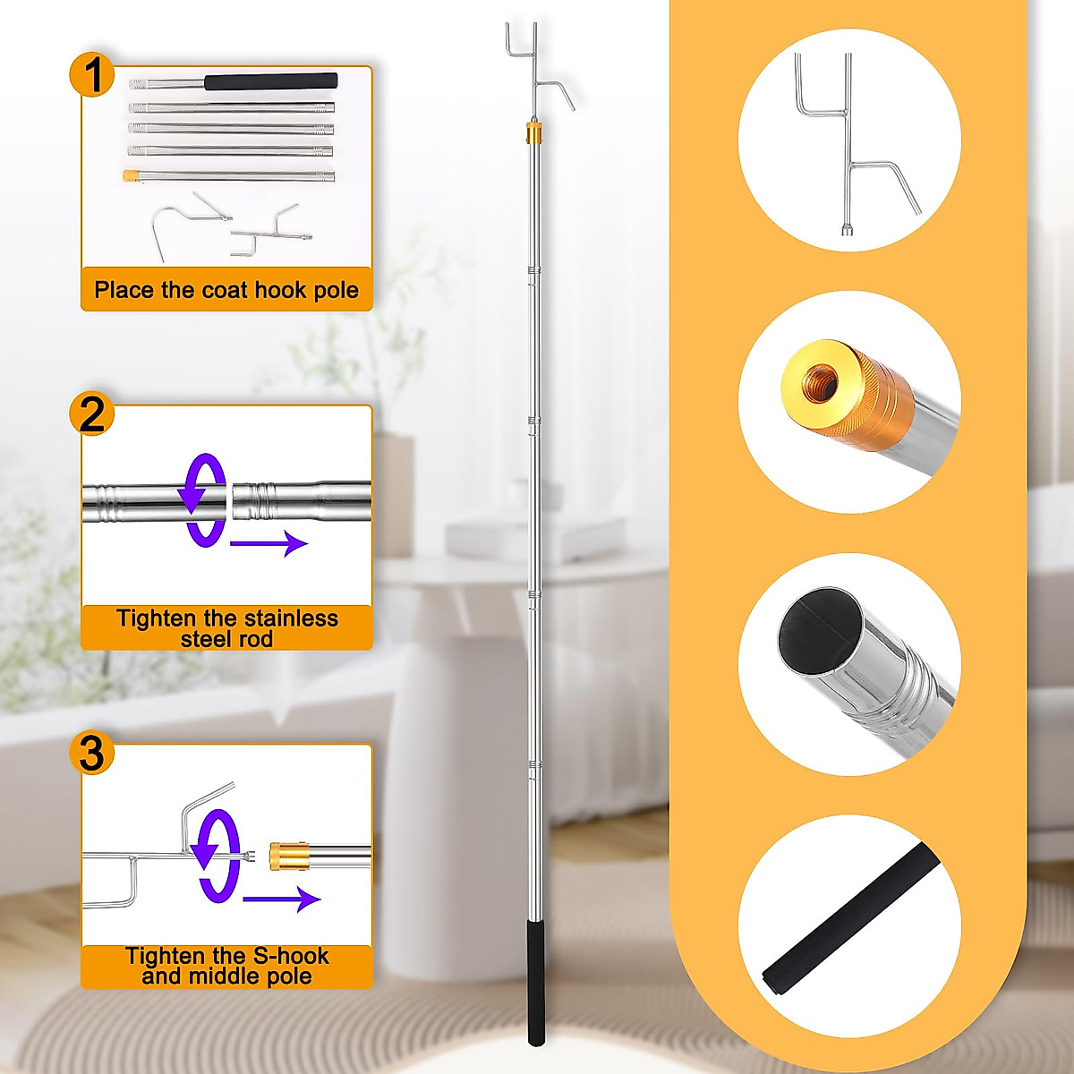 Clothes Hook Pole,29-71 Inch Adjustable Extension with Hook Bar.Suitable for Clothes Hanger Rod, Christmas light, Hanging Flowerpot Plants and Bird Feeder, Tent Shelter Camper Canopy (with two hooks)