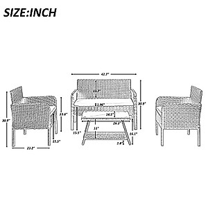 SAWQF 4 Pcs Patio Furniture Set Outdoor Rattan Sofa Seating Group Include 1 Sofa 2 Chair 1 Coffee Table Beige/Blue Cushions (Color : E)