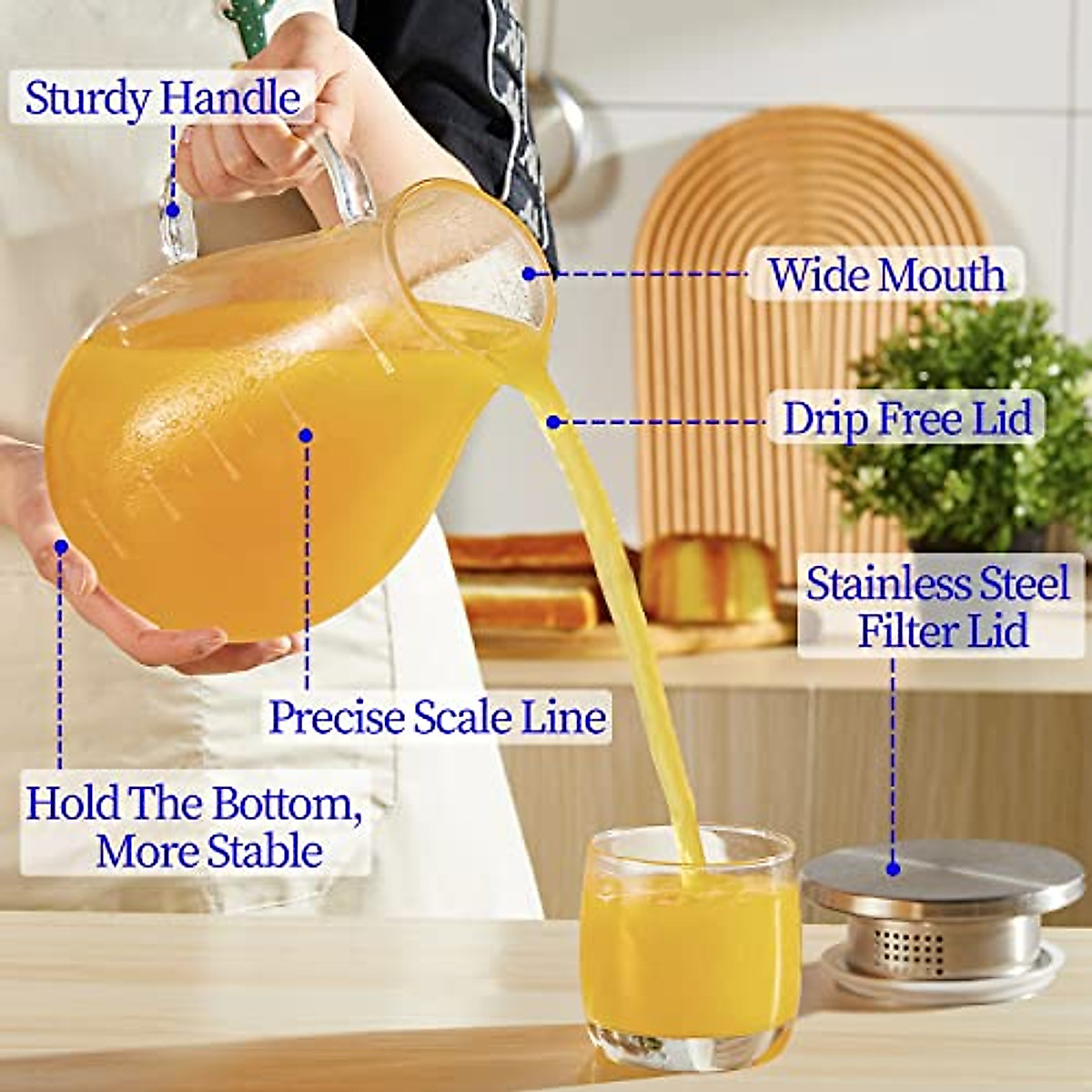 Glass Pitcher, 85oz Water Pitcher with Lid and Precise Scale Line, 18/8 Stainless Steel Iced Tea Pitcher, Easy Clean Heat Resistant Borosilicate Glass Jug for Juice, Milk, Cold or Hot Beverages