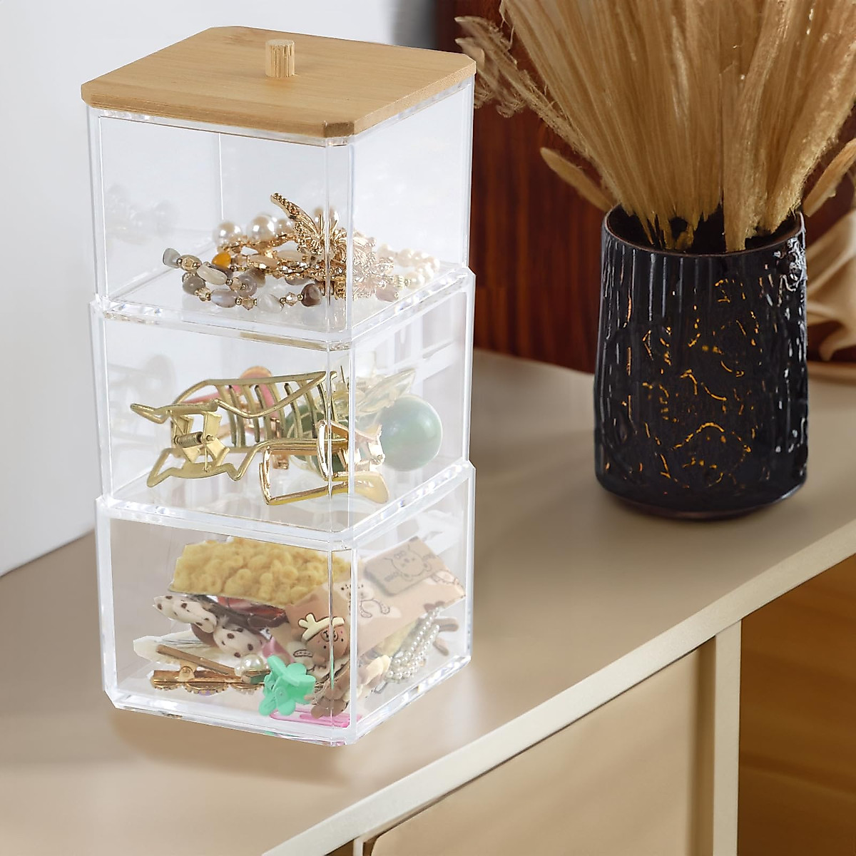 Clear Bathroom Dresser Organizer 3 Compartment with 1 Lid, Transparent Hair Accessories Organizer, Cotton Ball and Swab Holder, Small Plastic Storage Containers Vanity Makeup Organization (Wood Lid)