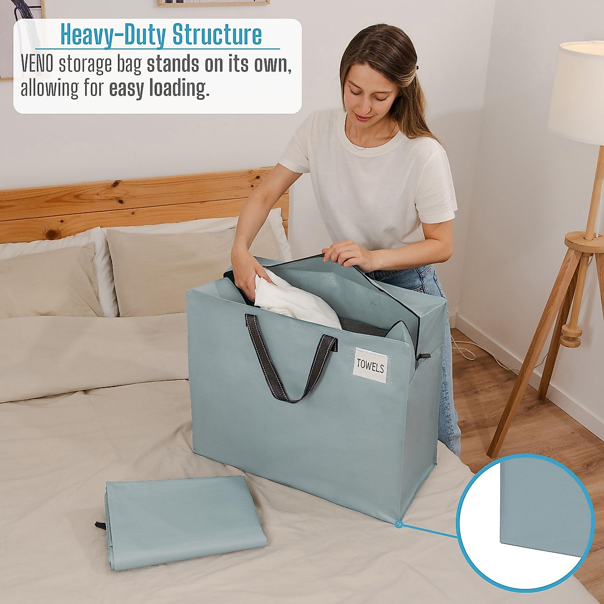 VENO 4 Pack Storage Moving Bags, Organizer Bag, Storage Tote, Zipper On Top, Sturdy, Carrying Bag, Camping Bag for Clothes, Bedding, Comforters, Pillows (22 Gallon Light Blue, 4 Pack)