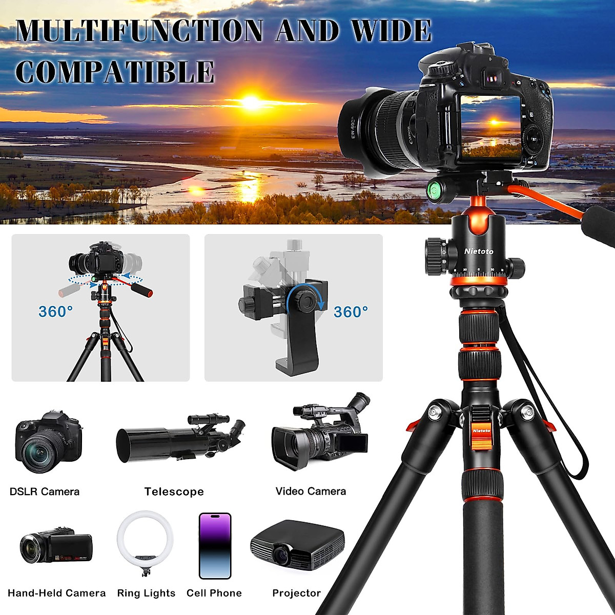 2 in1 Lightweight Video Camera Tripods • 68" Tripod for Camera and Camcorder • 360° Ball Head Tripod with Removable Handle • Extra 1/4" QR Plate and Phone Holder • Compatible with Canon Nikon Sony