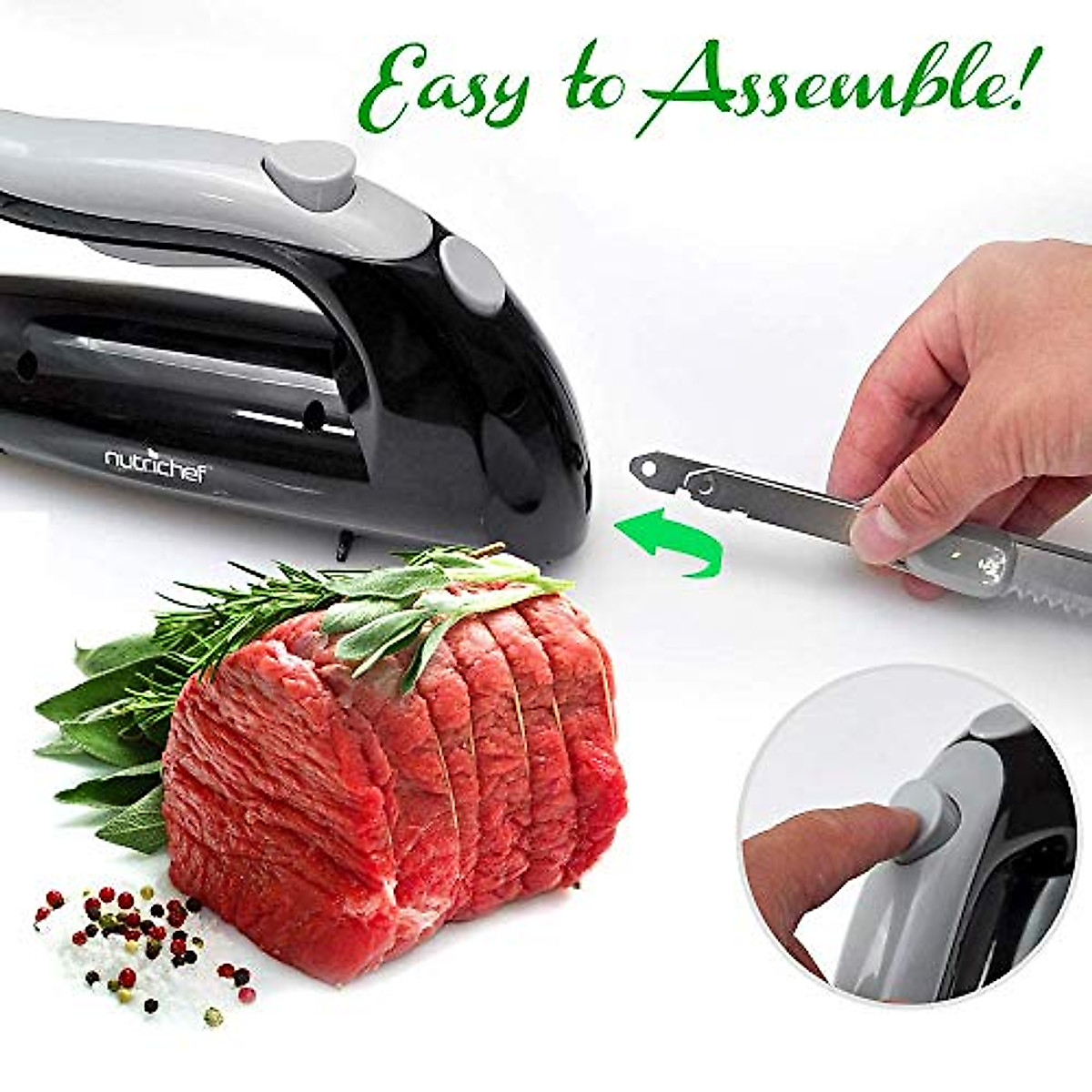 Upgraded Premium NutriChef Electric Knife - 8.9" Carving Knife, Serrated Blades, Lightweight, Ergonomic Design Easy Grip, Easy Blade Removal, Great For Thanksgiving, Meat & Cheese, Black