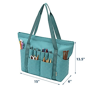 HOMEST Tote Crochet Bag, Yarn Storage Organizer, Knitting Bag with Custom Front Pockets for Crochet Hooks, Knitting Needles and Crochet Accessories, Turquoise