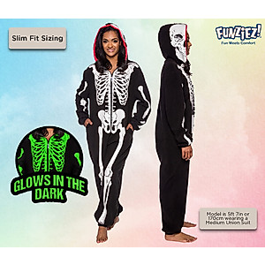 Funziez! Glow in the Dark Skeleton Adult Onesie - Halloween Costume - Plush One Piece Cosplay Suit for Adults, Women and Men