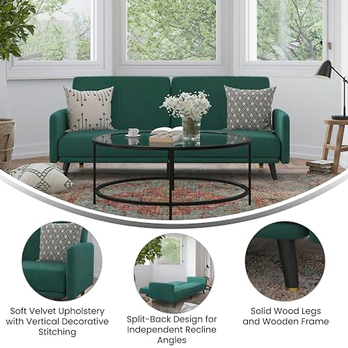Flash Furniture Sophia Premium Split Back Sofa Futon - Emerald Green Velvet Upholstery - Solid Wood Legs - Convertible Sleeper Couch for Small Spaces