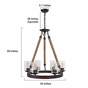 LNC Farmhouse Chandelier, Round Wagon Wheel 6-Light Fixture with Clear Glass Shades for Dining Room, Living Room, Bedroom, Kitchen Island and Foyer