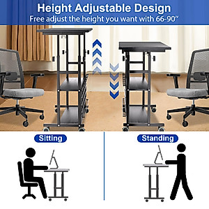 AIZ Rolling Laptop Cart with Storage for Small Spaces Portable Mobile Adjustable Computer Table on Wheels for Couch Bedrooms Black 39.4’’x19.7’’