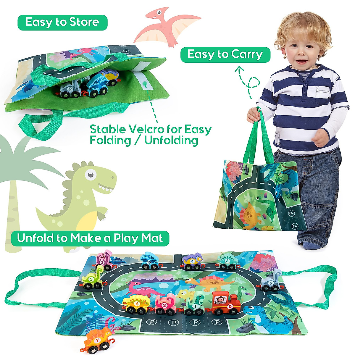 HELLOWOOD Dinosaur Toys for Toddlers Age 2-4, Wooden Dinosaur Train Set with Playmat/Storage Bag, Montessori Educational Toys for 2+ Years Old Boys & Girls