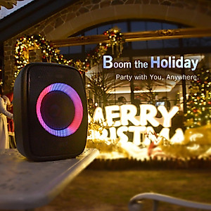 DOSS Outdoor Bluetooth Speaker with Subwoofer, 60W Powerful Sound, Rich Bass, Dual DSP, Mixed Colors Lights, PartySync, Mic and Guitar Inputs, Karaoke Machine for Backyard and Poolside Party