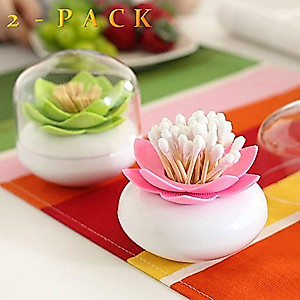 Cafurty Lotus Flowers Cotton Swab Holder, Q-tip Toothpicks Storage Organizer, Bathroom Vanity Canister (Green / Pink)