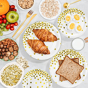 DYLIVeS White and Gold Paper Plates, 7 inch Metallic Foil Polka Dots Disposable Dessert Party Plates Cocktail Party Supplies Plates for Birthday, Bridal Shower, Easter, Graduation Party, 50 Pack