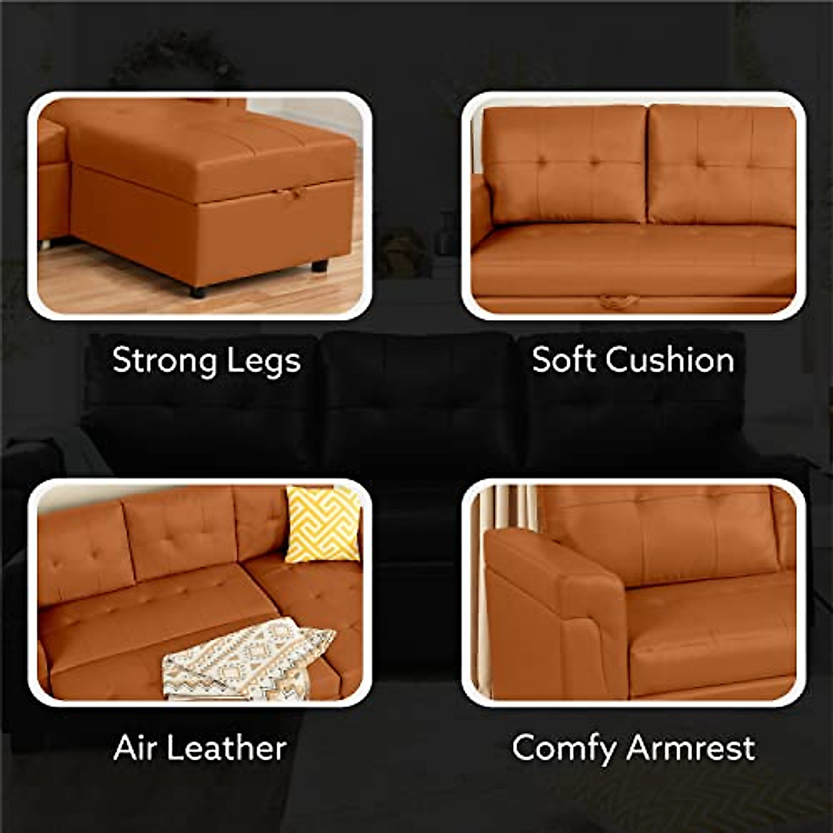 Perry Modern Sectional Sleeper Sofa with Pull Out Bed, Reversible Sleeper Sectional Sofa Bed, Best Sleeper Sofa Couch with 168L Storage, L-Shape Pull Out Couch Bed Sleeper Sofa - Caramel,Air Leather
