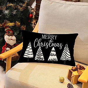 Black Merry Christmas Pillow Cover 12x20 Inch Xmas Pine Tree Lumbar Pillows Simple Throw Pillow Covers Holiday Home Decor Pillowcase Winter Farmhouse Seasonal Rectangle Cushion Case for Bed Couch Sofa