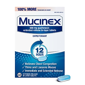 Mucinex 12 Hour 600 mg Guaifenesin Extended-Release Tablets for Excess Mucus Relief, Expectorant Aids Excess Mucus Removal, Chest Congestion Relief, 40 Bi-Layer Tablets