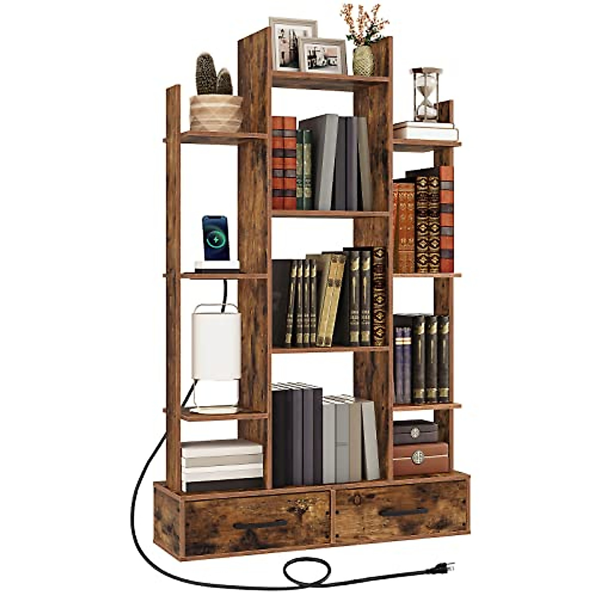 HOOBRO Bookshelf, Bookcase with Charging Station and 2 Drawers Storage, Rustic Tree Shaped Wooden Bookshelves with 12 Storage Shelves, for Bedroom, Home Office, Living Room BF140USJ01