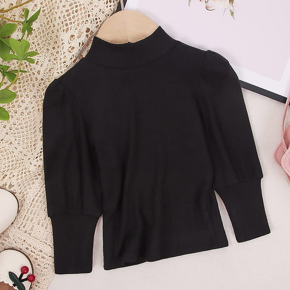 IZYJOY Toddler Baby Girls Basic Solid Color Turtlneck T-Shirt Soft Cotton Tops Cute Puff Long Sleeve Little Baby Clothes (Black, 2-3T)