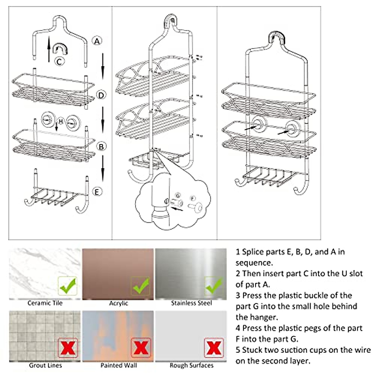 LEVERLOC Shower Caddy Over Shower Head Anti-Swing with Strong Suction Cup, Shower Organizer Hanging Rustproof with Hooks for Razor Towel and Sponge, Shower Shelf for Bathroom, Metal Black