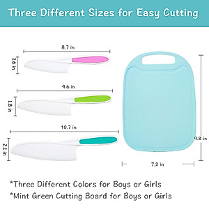 GONEJALL Kids Knife Set for Real Cooking, 4 Pieces Toddler Knife Set, Nylon Kitchen Baking Knife with Cutting Board, Firm Grip, Serrated Edges Kids Knives for Cutting Cakes, Fruit, Veggies & Bread