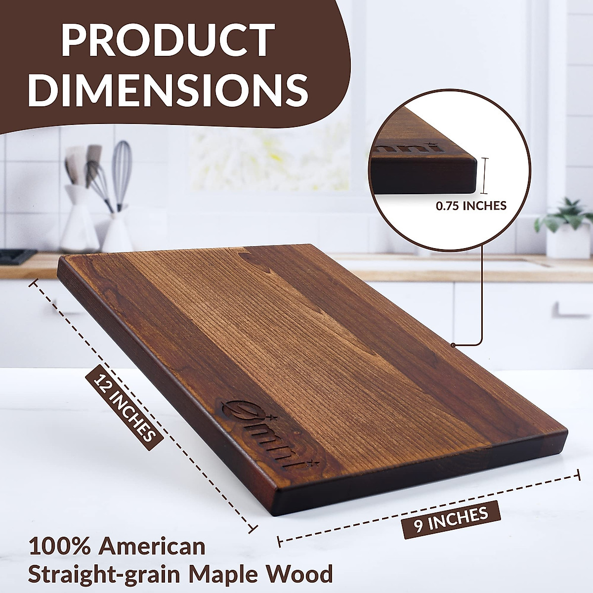 OMNI Cherry Maple Cutting Board | Strong & Durable Wood Cutting Board for Kitchen | Chopping Board Suitable for Meat, Vegetables, Cheese and More | Made In the USA, Butcher Block- 9 X 12 X .75 Inches