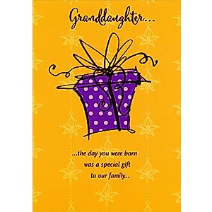 Designer Greetings Purple Gift with Pink Polka Dots and Black Bow Birthday Card for Granddaughter