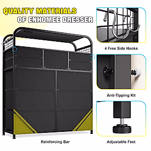 EnHomee Black Dresser with LED Lights & Charging Station, Dresser for Bedroom with 2 Tier Shelves & 4 Hooks, 11 Drawers Dresser, Closet, Living Room, Entryway,Sturdy Frame,Wooden Top