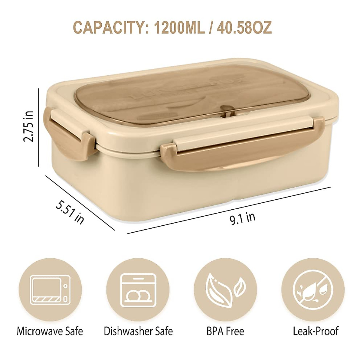 NatraProw Bento Box for Adult, 1200 ML Lunch Containers, LeakProof Lunch Box with Utensils, BPA Free, 3 Compartment Bento Box Microwave Safe, Khaki