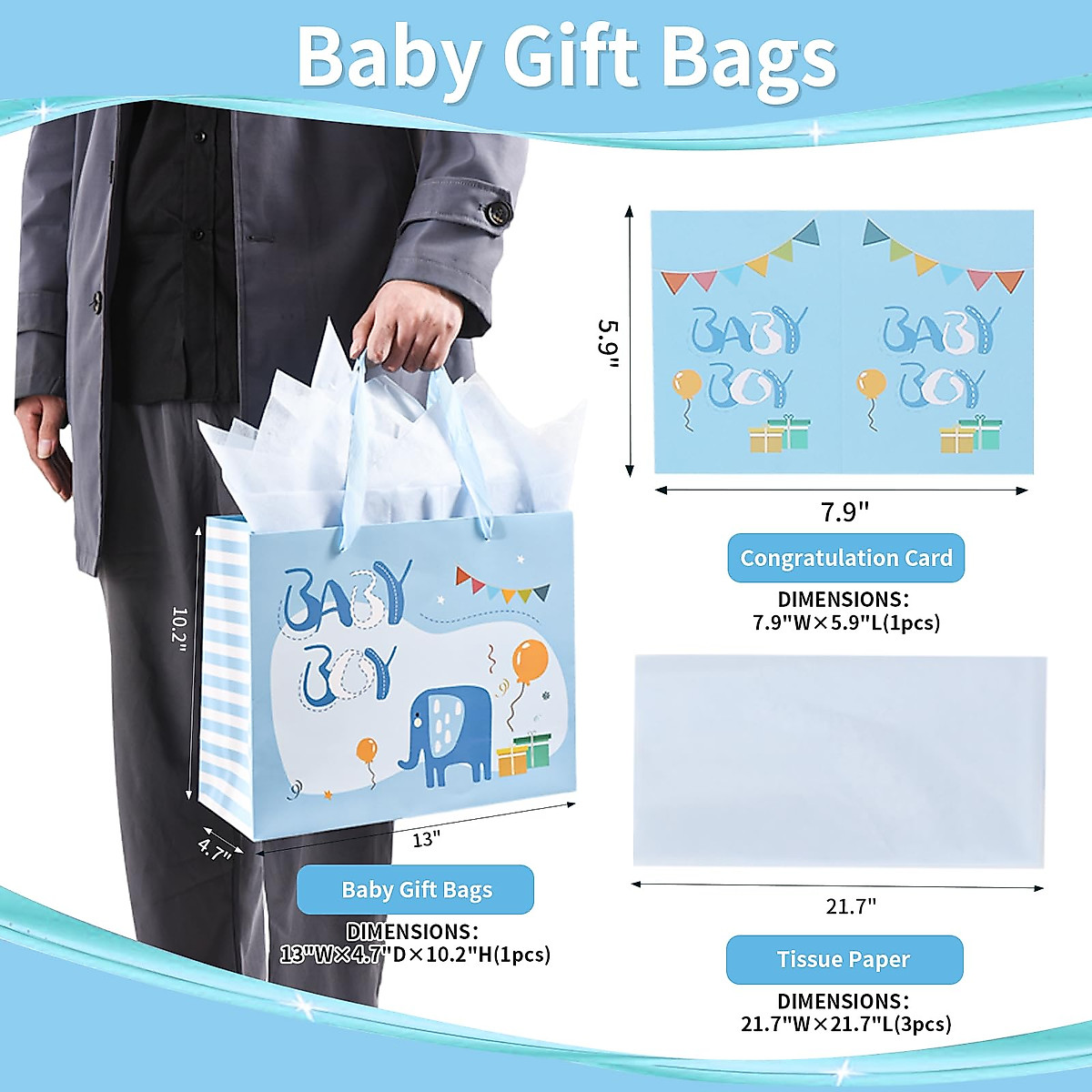 Powbrace Baby Boy Gift Bag with Tissue Paper and Greeting Card for Birthday,Party,Baby Gift Bag,13" Gift Bags Medium size(1-PCS Blue Animals, Happy Birthday)