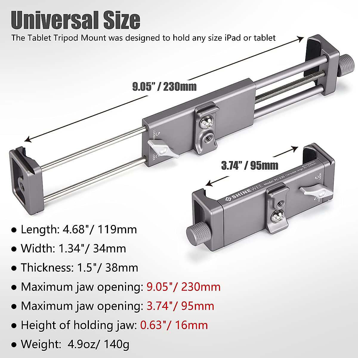 SHINEWEE Metal iPad Holder for Tripod Mount, 1/4" Screw, Acra/RRS Rail Plate Mounts, Fits iPad 1 2 3 4 5 Mini Air Pro,Universal Tablet iPad Clamp Holder Tripod Adapter