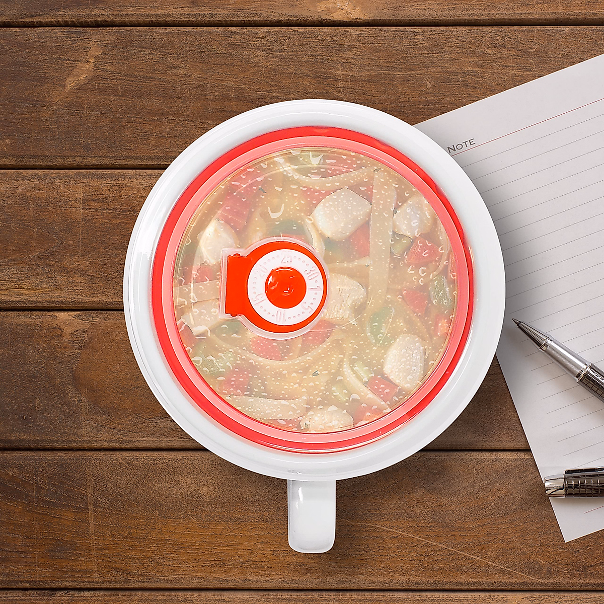 Kovot 24oz Ceramic Christmas Themed Bowl Set with Lid & Handle – Use for Ramen, Soup, Cereal, & as a Coffee Mug – Take Your Food To Go with Airtight Silicone Lid and Steam Vent (4-Pack – Red & White)