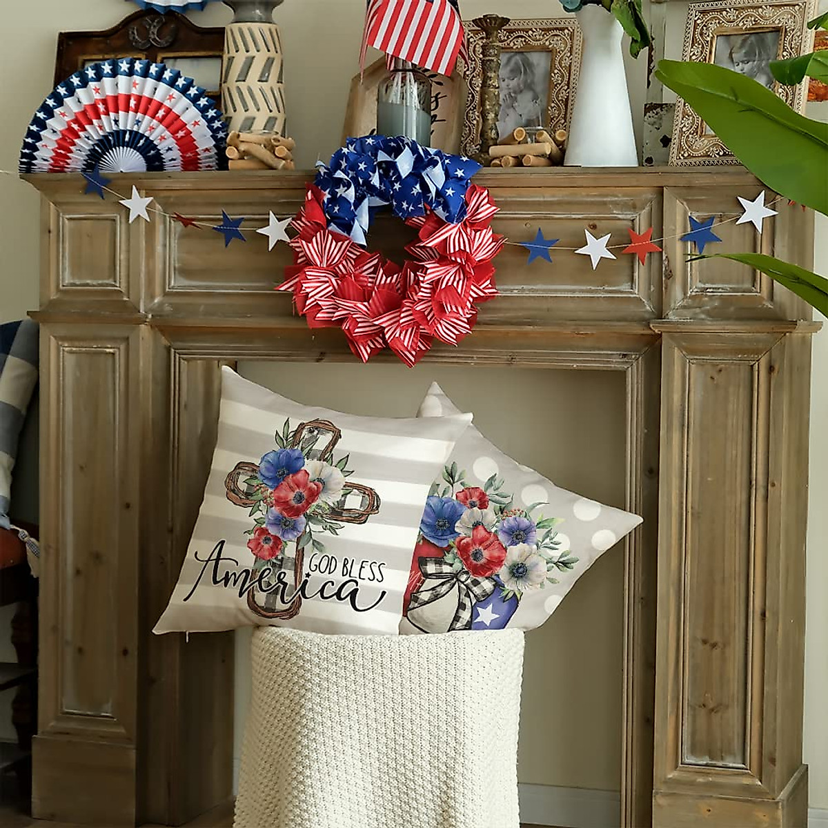 GEEORY 4th of July Decorations Pillow Covers 18x18 Set of 4 Polka Dots Star and Strip Cross Bless America Floral Jar Throw Pillows Patriotic Pillows Independence Day Decor Cushion Case G327-18